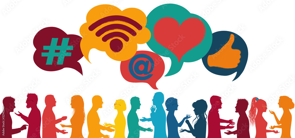 Silhouette group of people talking and sharing ideas.Speech bubble ...