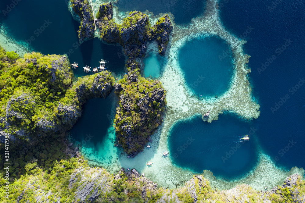 View from above, stunning aerial view of the Twin Lagoons surrounded by ...