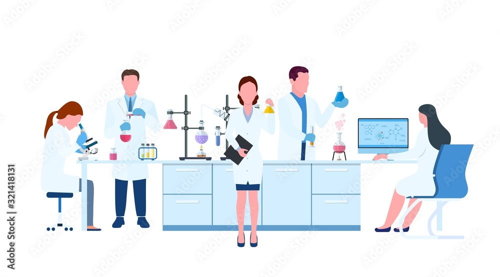 Vetor de Scientists in lab. Scientist people wearing lab coats, science ...