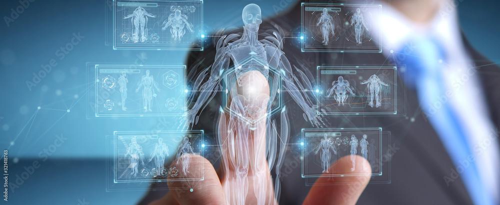 Man using digital x-ray human body holographic scan projection 3D ...