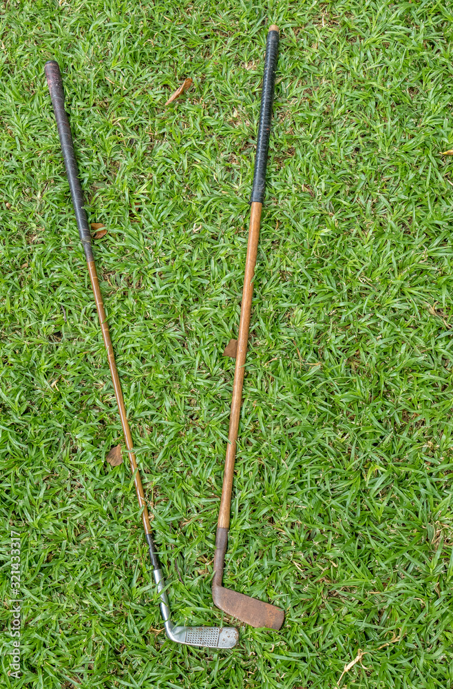 Hickory shafted vintage golf clubs isolated outdoors image with copy ...