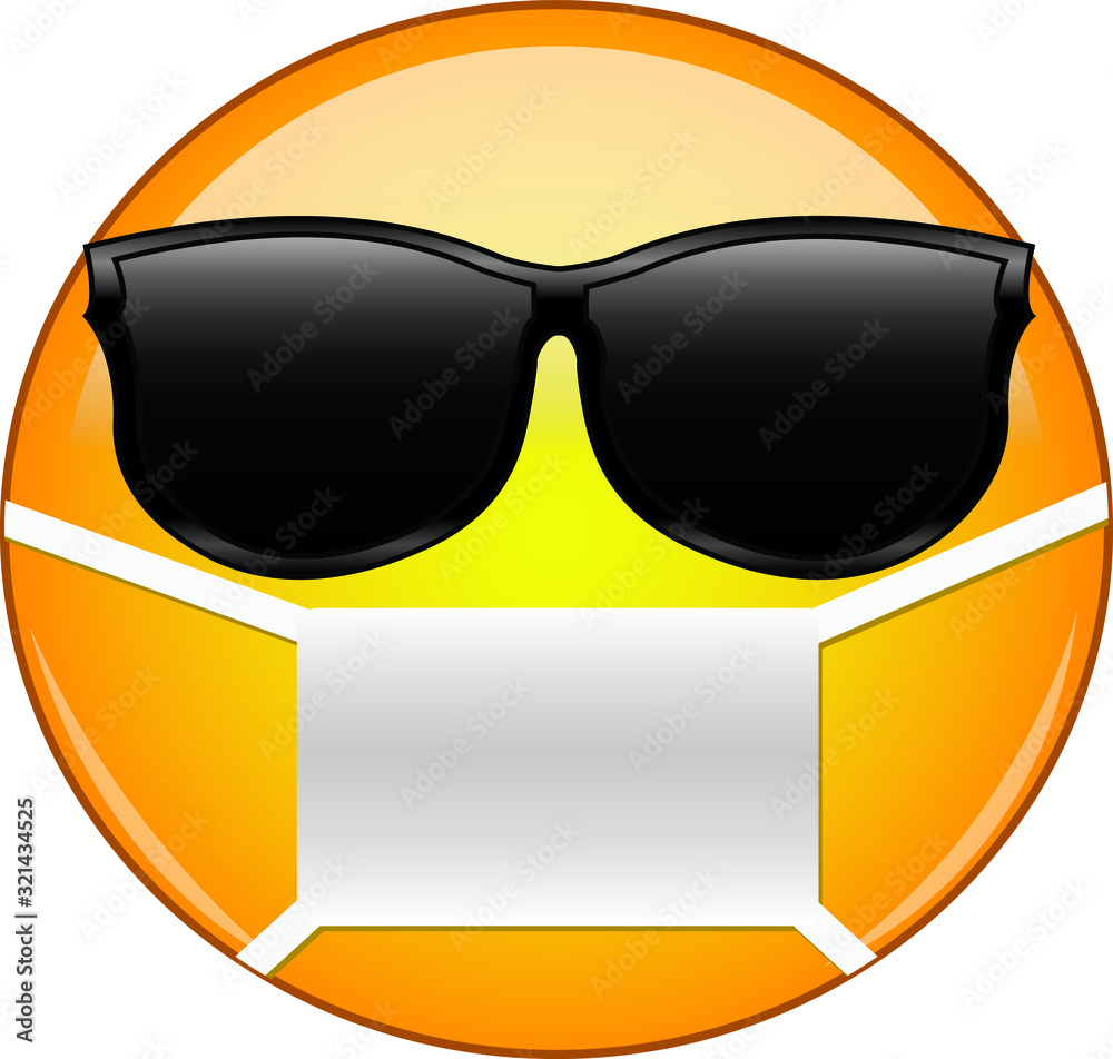 Cool emoticon wearing a mask. Yellow sick emoji wearing sunglasses and ...