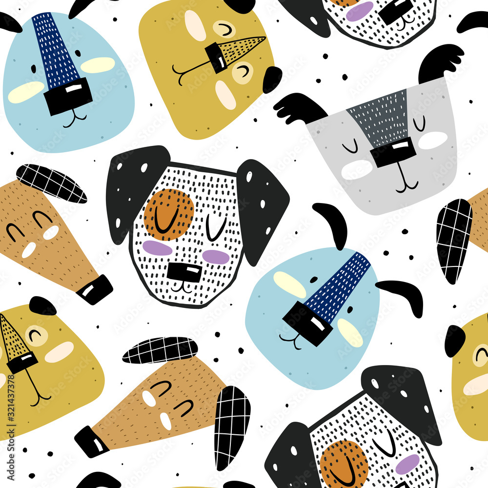 Seamless pattern with cartoon dogs, decor elements. animal theme ...