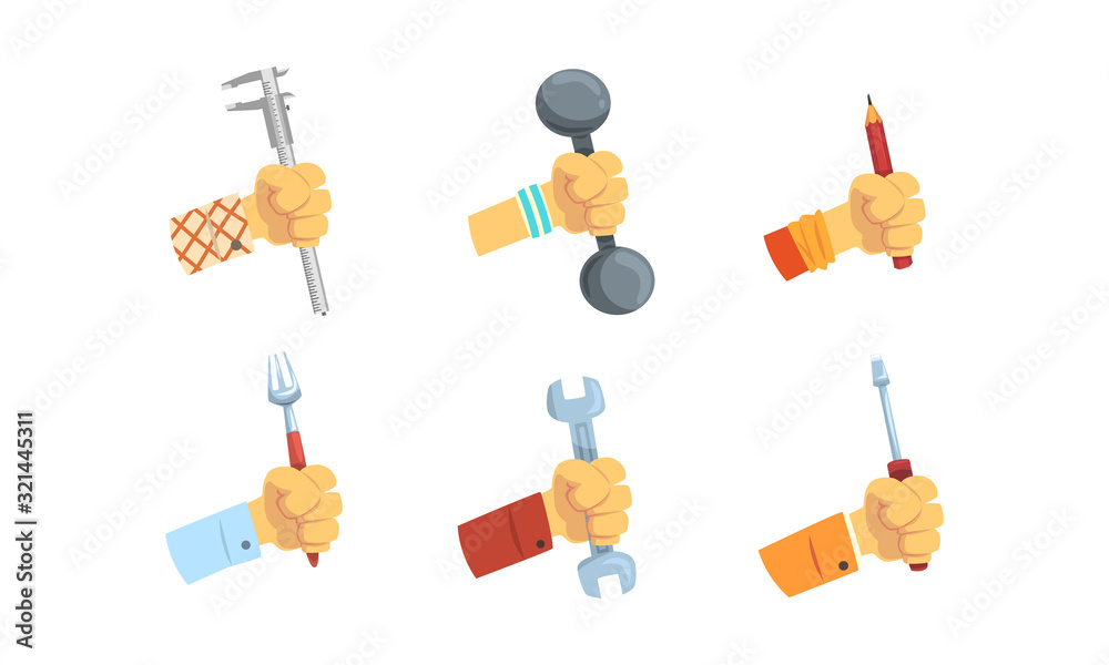 Hands Holding Tools Set, Male Hand with Symbols of Different ...