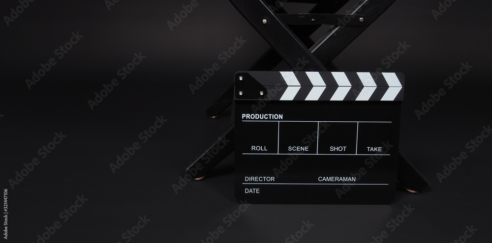 clapper board or movie slate and director chair use in video production ...