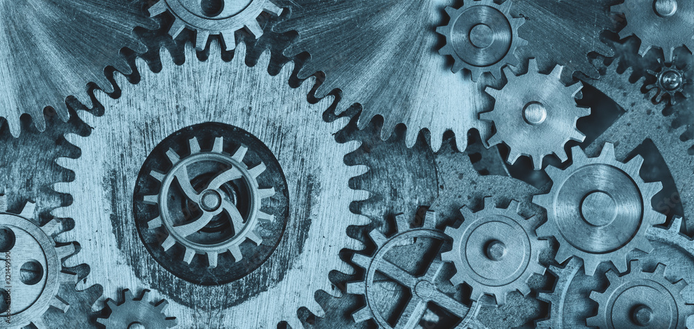 Old gears and cogs clock mechanism. Mixed media. 3d illustration. Stock ...