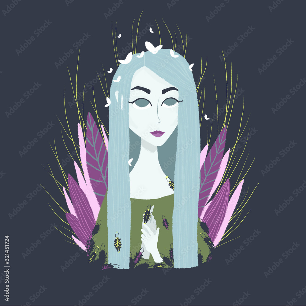 Zombie girl. Beautiful cartoon character portrait with beetles ...