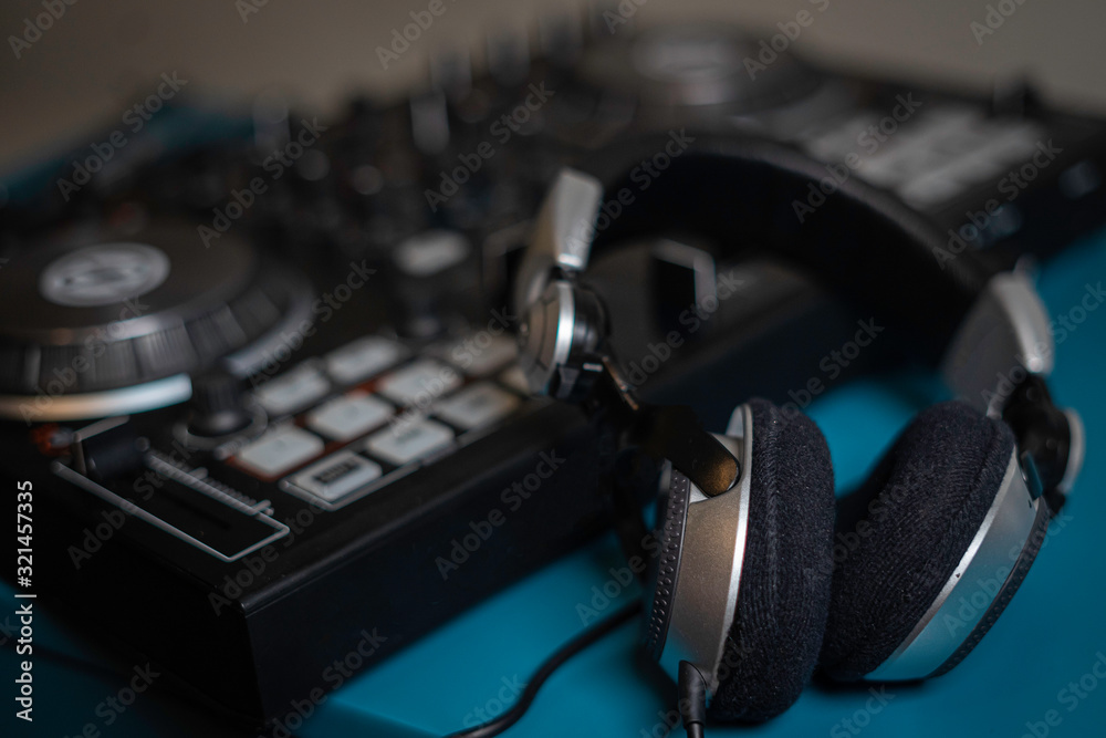 Headphone and sound audio controller. music mixer dj pult Stock Photo ...