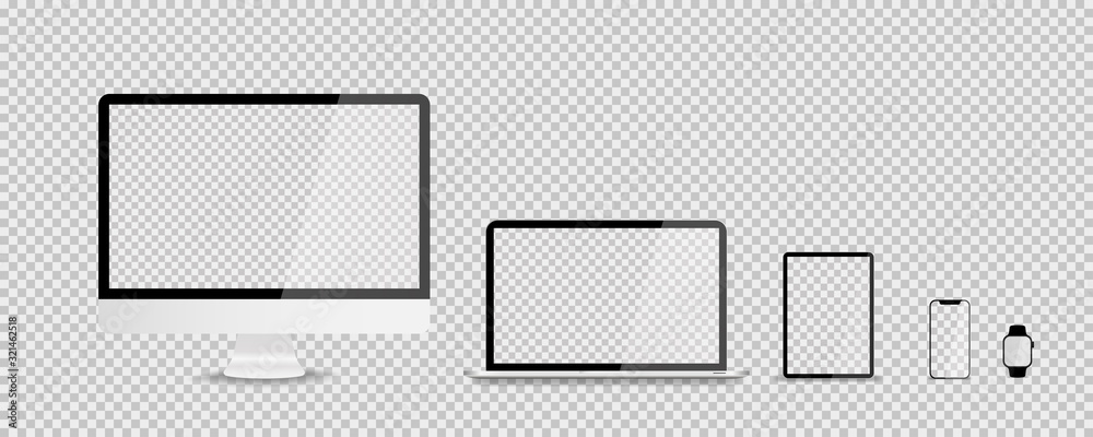 Devices in realistic trendy design on transparent background. Set of ...