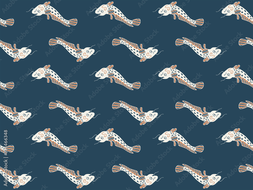 Seamless pattern of their catfish hand-drawn on a dark background. Oil ...