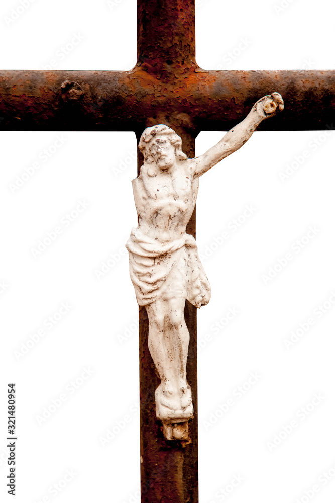 Destroyed ancient iron statue of the crucifixion of Jesus Christ ...