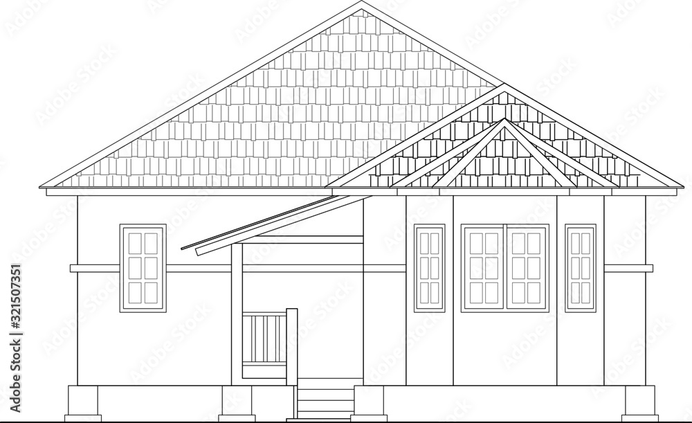 2D CAD drawing of single storey medium size house front elevation. The ...