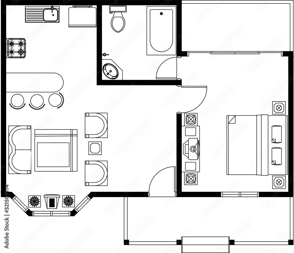 2D CAD drawing of studio type or single bedroom house layout plan ...