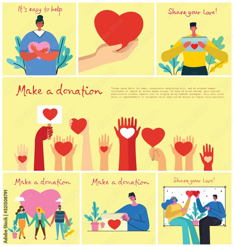 Vector illustration of donation and volunteers work concept ...
