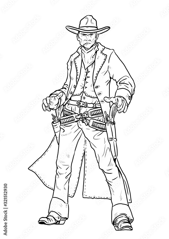 Gunfighter drawing. Cowboy with revolver on duel illustration. American ...