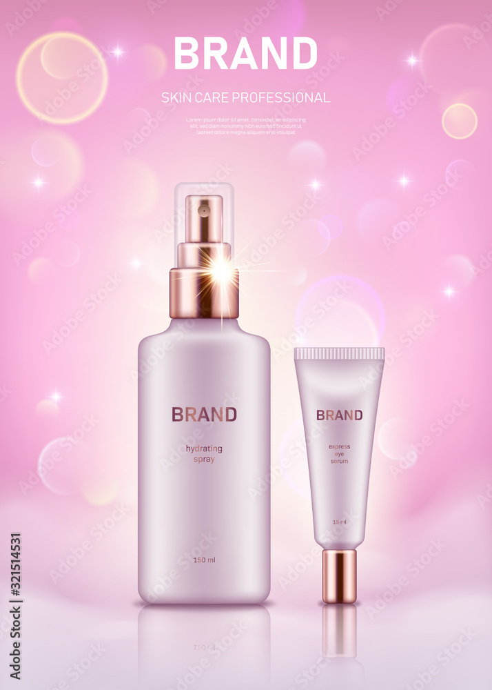 Realistic spray bottle and tube with golden lids on pastel pink ...