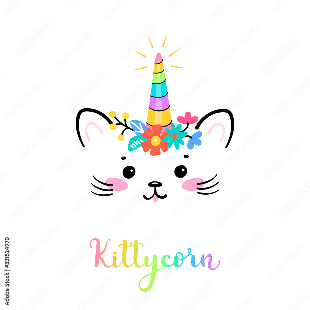 Vector Cute Unicorn Cat Head with Floral Wreath for Kids t-shirt Print ...