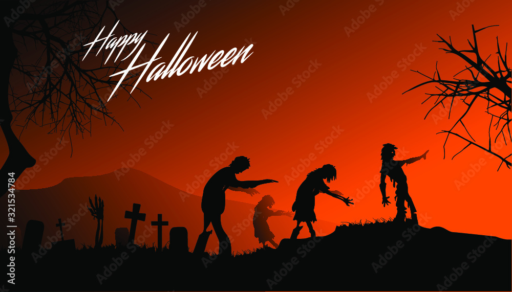 Halloween poster template with scary cemetery and zombie background ...