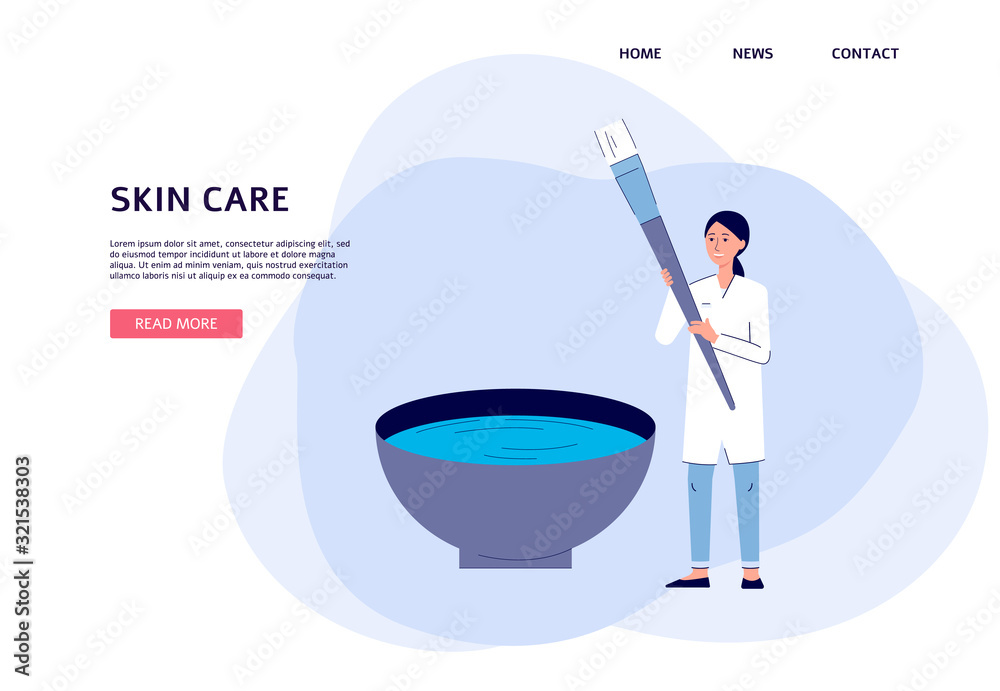Skin care banner - cartoon doctor mixing face mask in giant bowl with ...