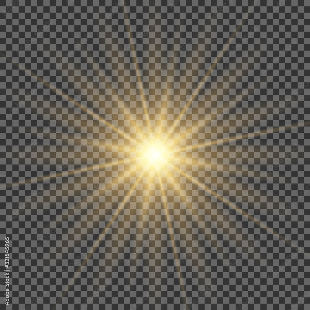 Shining vector golden sun with light effects. Flares and gleams rounded ...
