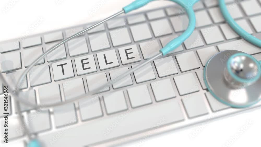 Stethoscope on keyboard with TELE text on keys. Modern telemedicine ...