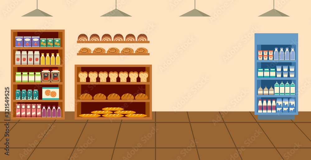 Supermarket. Grocery store. Interior cartoon with showcase of food ...