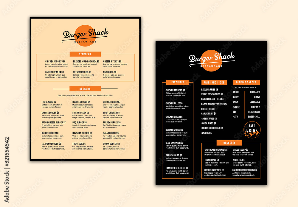 Restaurant Menu Layout with Orange Accents Stock 템플릿 | Adobe Stock