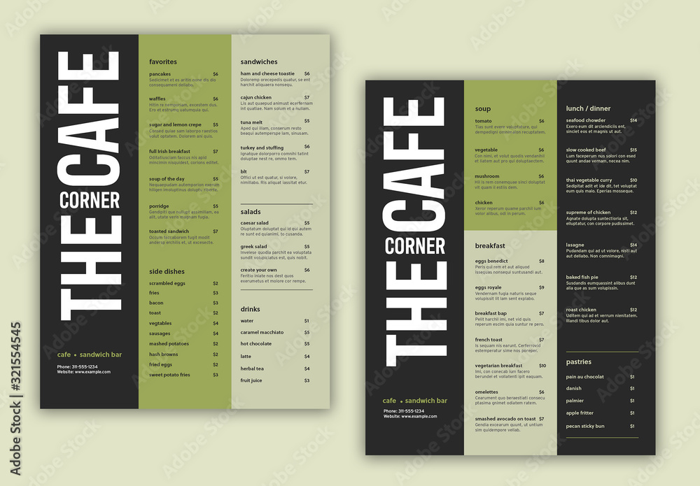 Green and Black Cafe Menu Layout with Bold Type Stock Template | Adobe ...