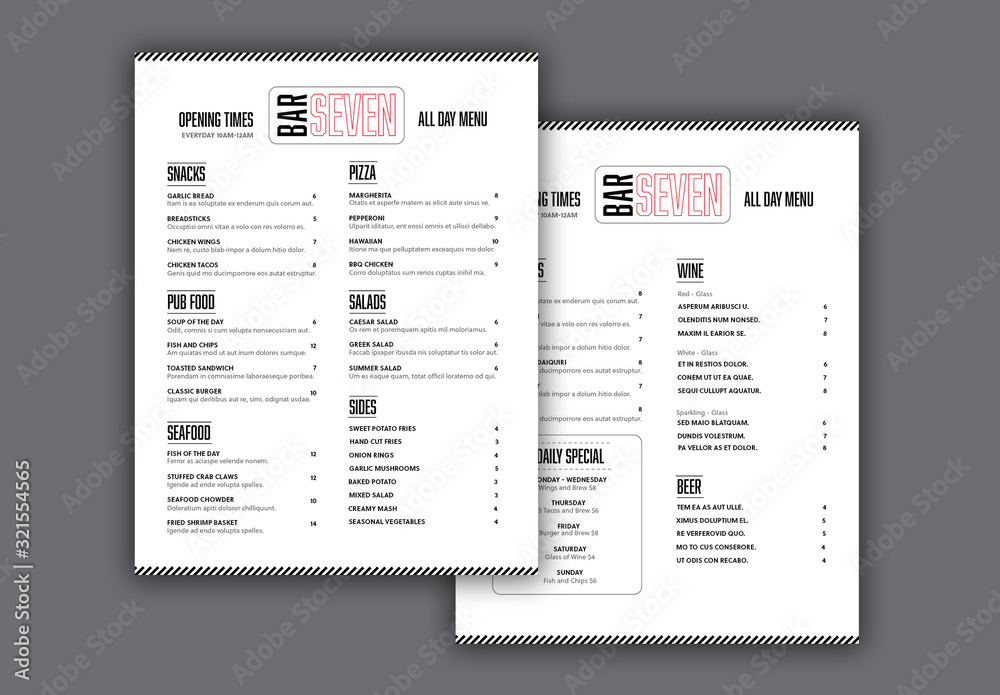 Bar Menu Layout with Patterend Border and Red Accents Stock Template ...