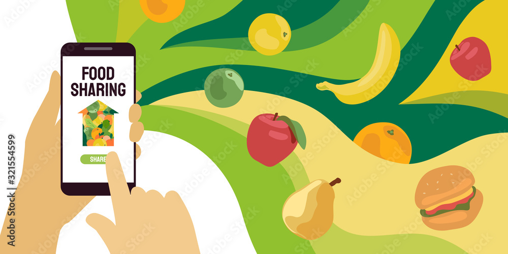 Food sharing project. Vector illustration of share meal, waste ...