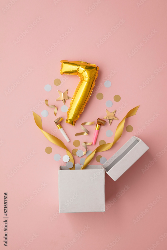 Number 7 birthday balloon celebration gift box lay flat explosion Stock ...