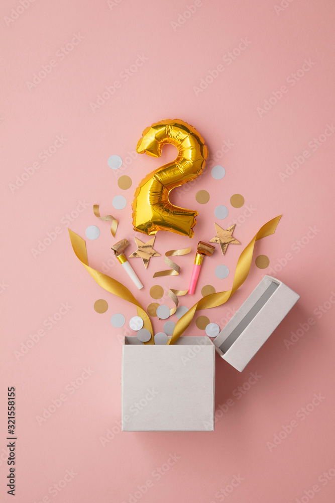 Number 2 birthday balloon celebration gift box lay flat explosion Stock ...