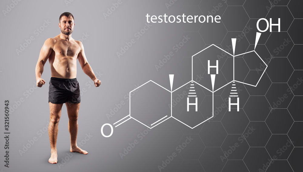 Muscular sportsman near chemical formula of testosterone. Stock Photo ...