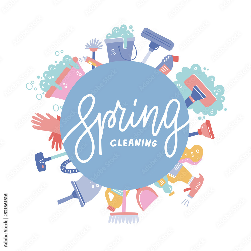 Cleaning service banner template - flat cartoon house cleaning tools ...