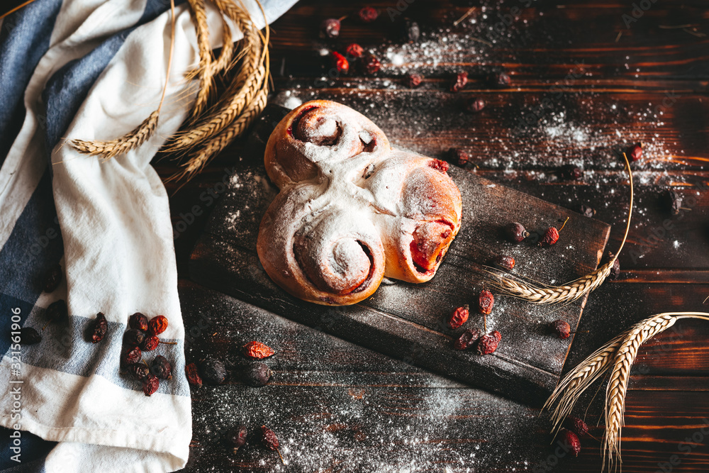 Sweet pastry removed from the oven with strawberry jam and pressed with ...
