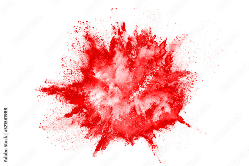 Freeze motion of red powder exploding, isolated on white background ...