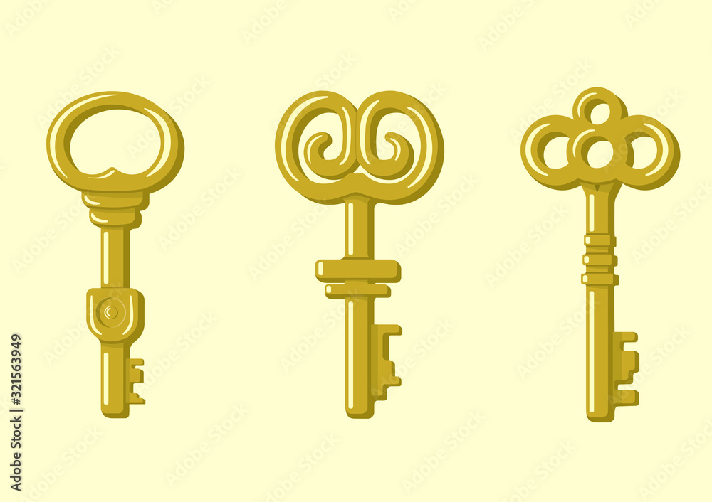 Set of three fabulous golden keys. Magical and unusual flowing shapes ...