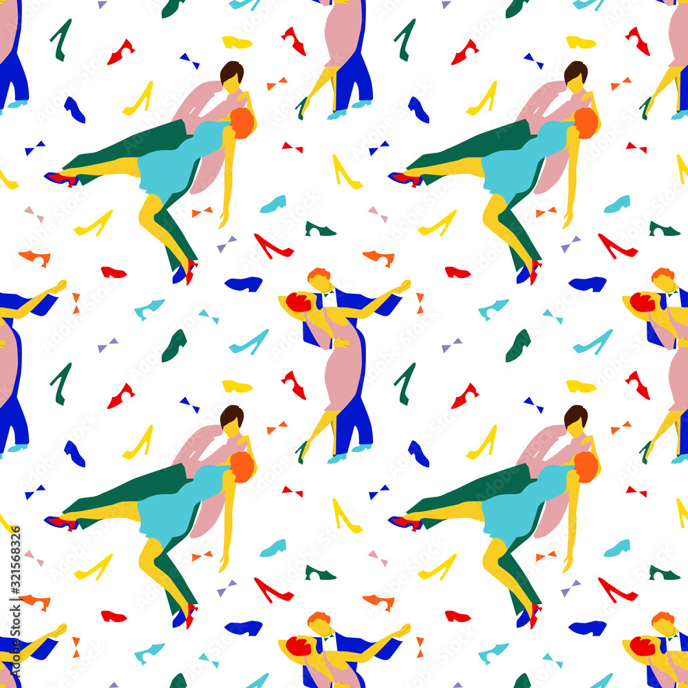 Seamless pattern with people dancing in 1920. Couple dance of a man and ...