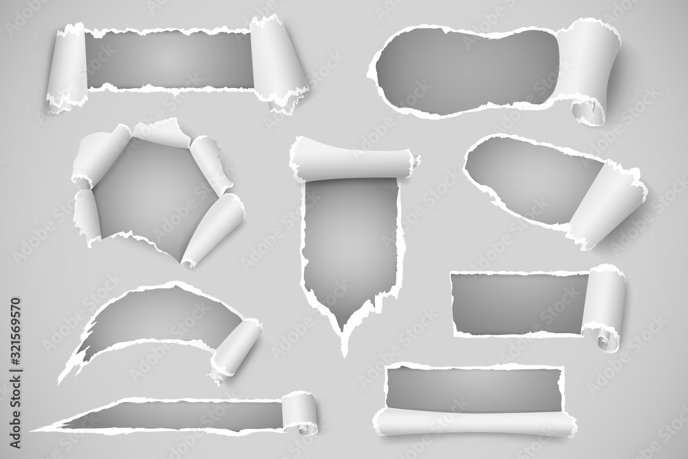 Realistic torn ripped paper set. Ragged hole in paper isolated on gray ...