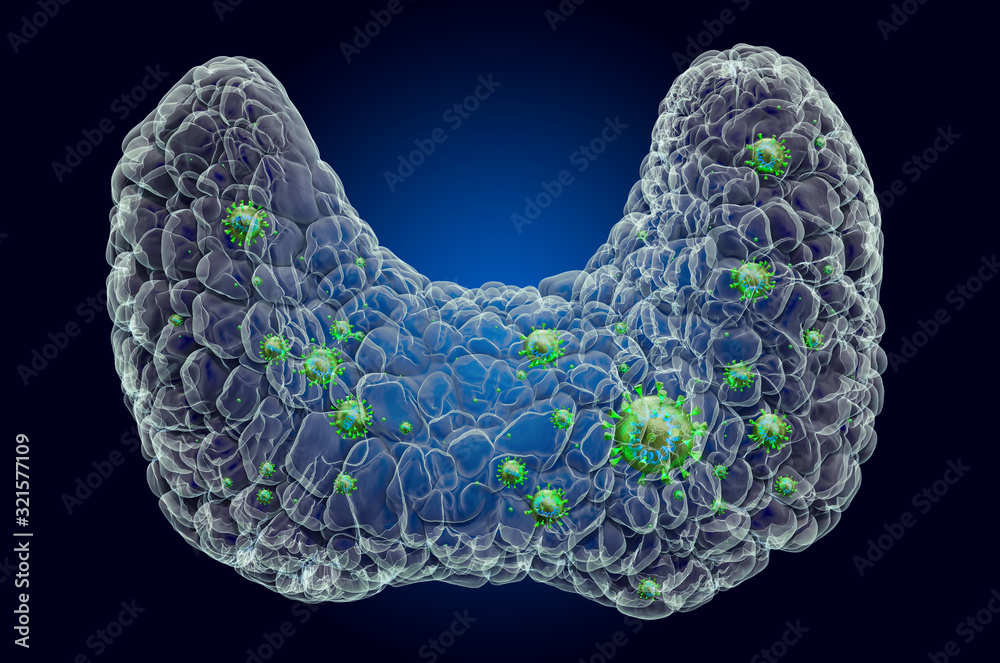 Thyroid gland with virus, ghost light effect, x-ray hologram. 3D ...