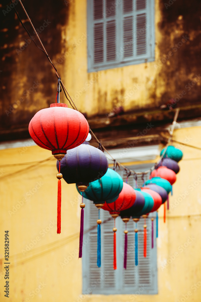 Colorful vietnamese lights on the street of Hoi An, Viet Nam. Outdoor ...