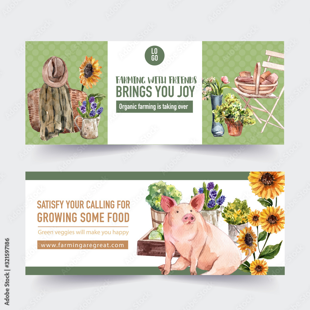Farmer banner design with hat, bag, flowers watercolor illustration ...