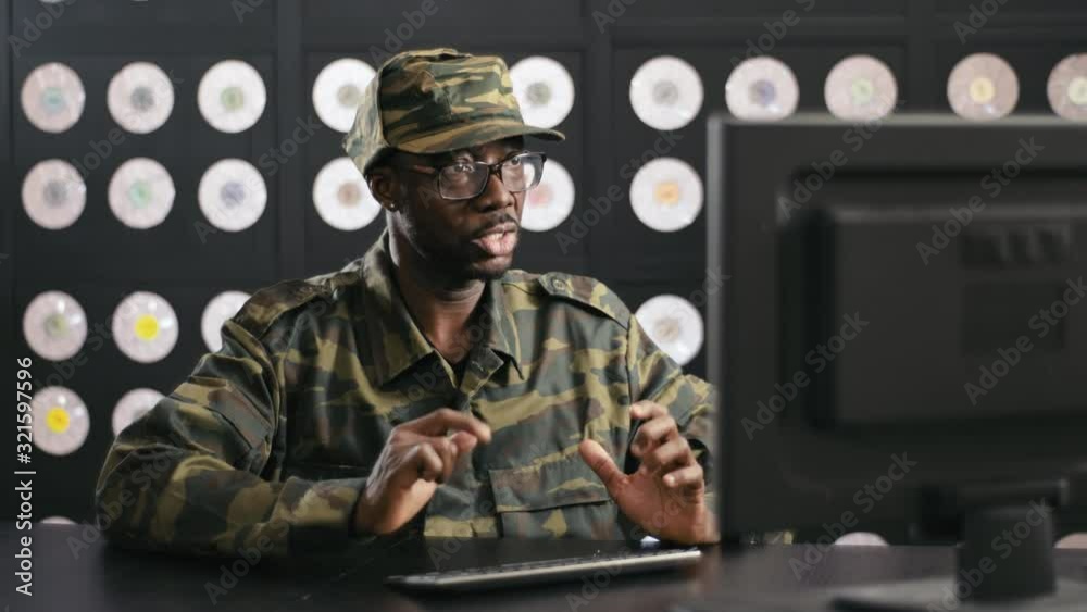 Adult bearded african-american man soldier, wearing military camouflage ...
