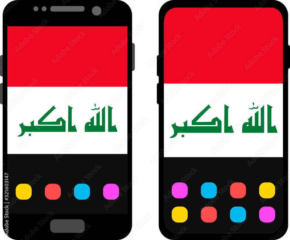 Two black smartphones with a home screen and wallpaper with the flag of ...