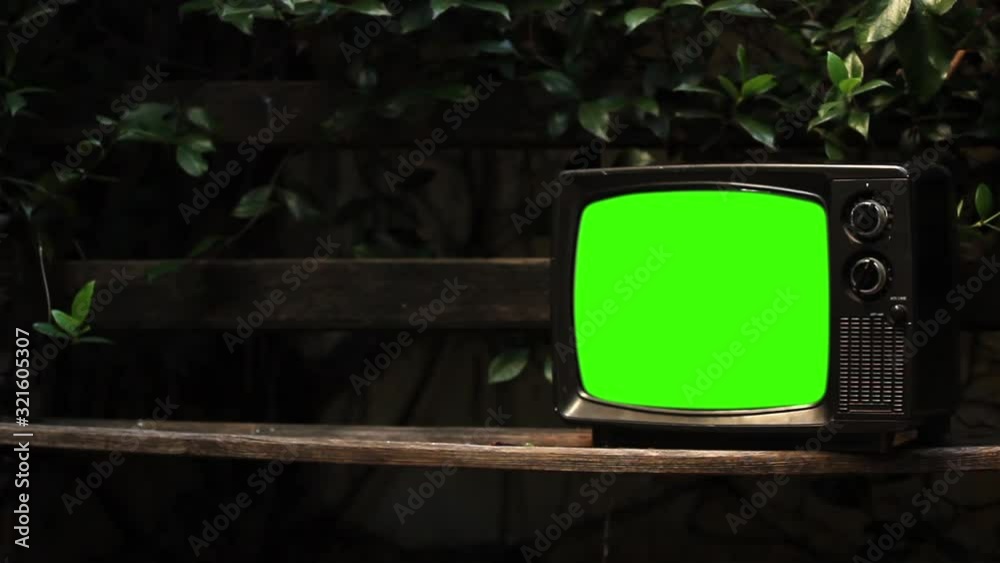 Old 70s TV Green Screen over a Wood Bench Outdoor in the Park. Zoom In ...