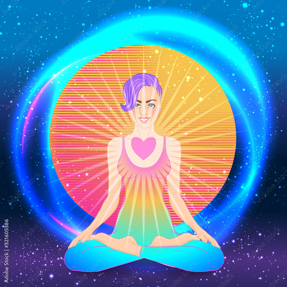 Yoga silhouette over colorful neon vibrant background. Vector ...