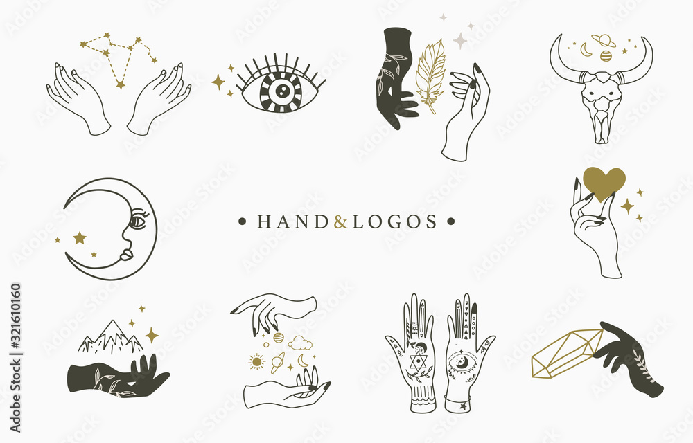 Beauty occult logo collection with hand,geometric,crystal,moon,eye,star ...