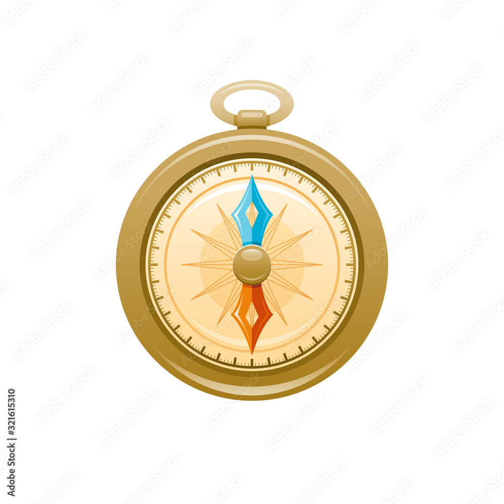 Vintage compass icon. 3d cartoon navigation instrument with blue red ...