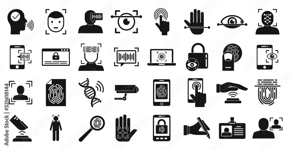 Biometric authentication icons set. Simple set of biometric ...