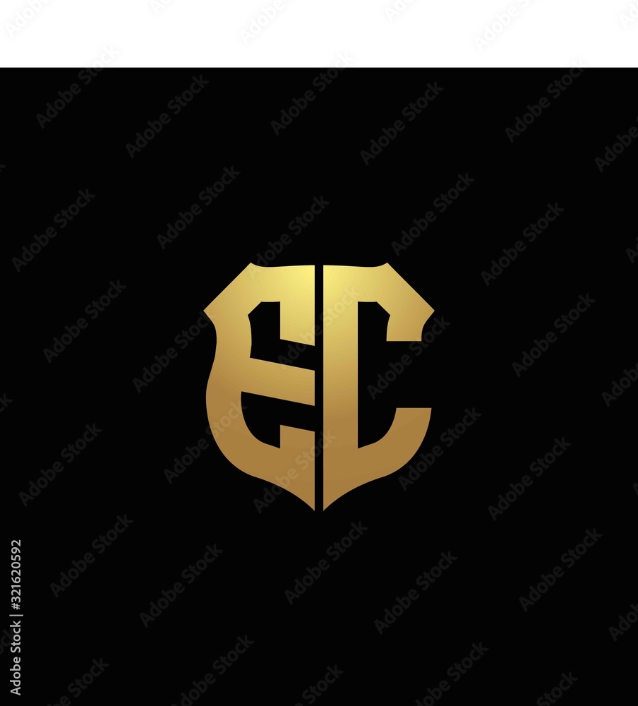 EC logo monogram with gold colors and shield shape design template ...